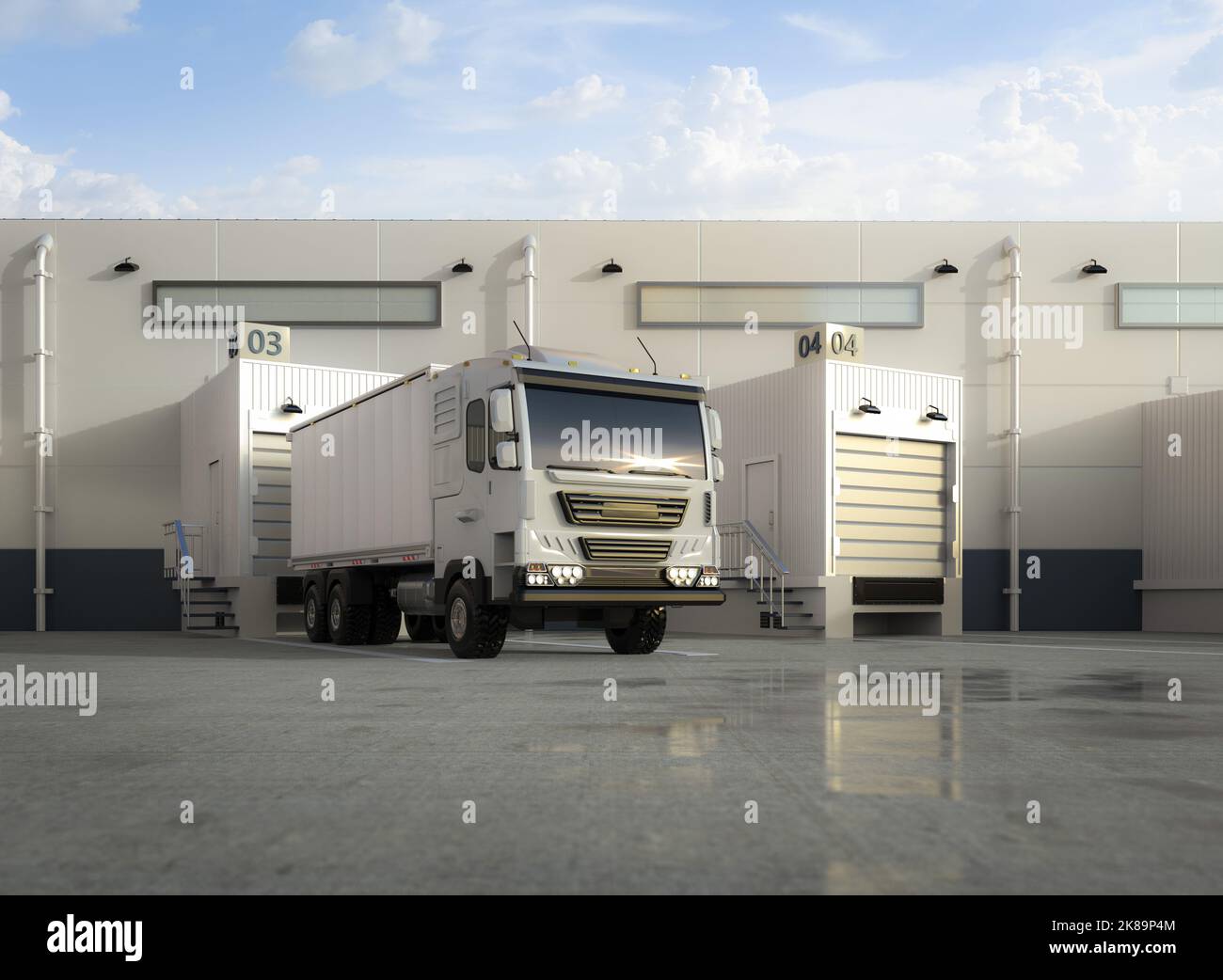 3d rendering group of logistic trailer trucks or lorries at warehouse ...