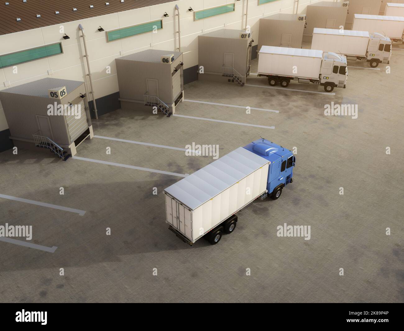 3d rendering group of logistic trailer trucks or lorries at warehouse ...