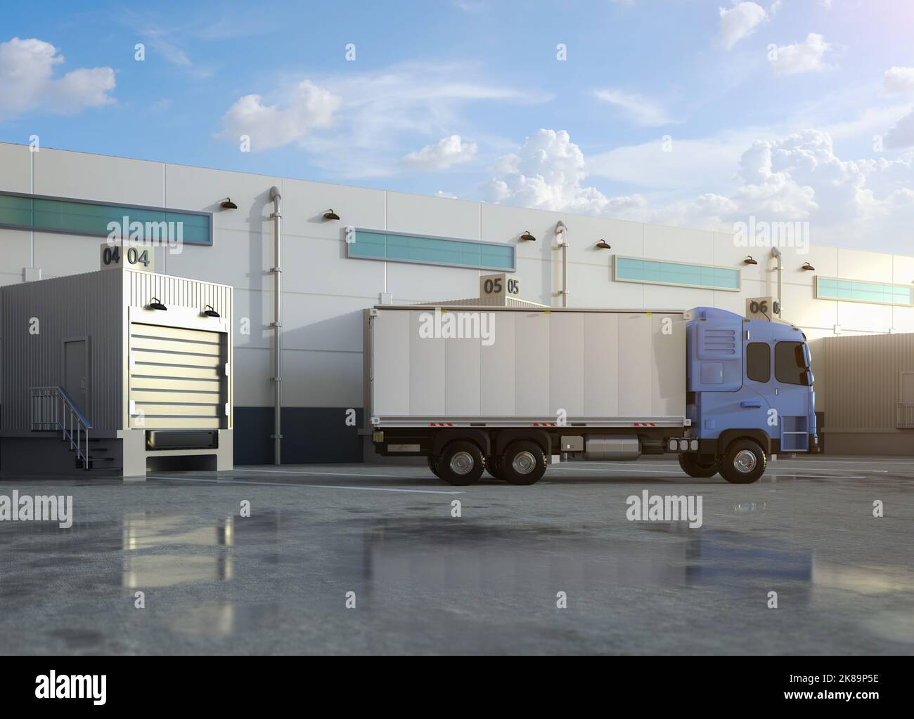 3d rendering group of logistic trailer trucks or lorries at warehouse ...