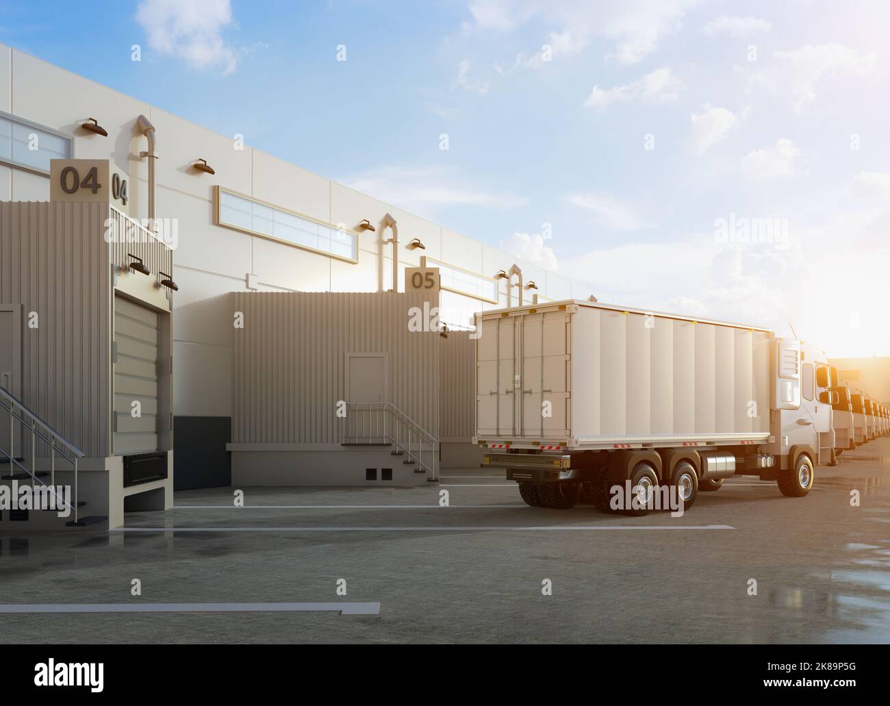 3d rendering group of logistic trailer trucks or lorries at warehouse ...
