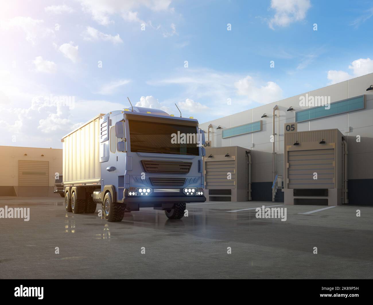 3d rendering group of logistic trailer trucks or lorries at warehouse ...