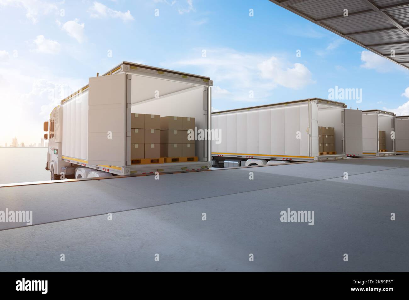 3d rendering logistic trailer truck or lorry fully loading cardboard ...