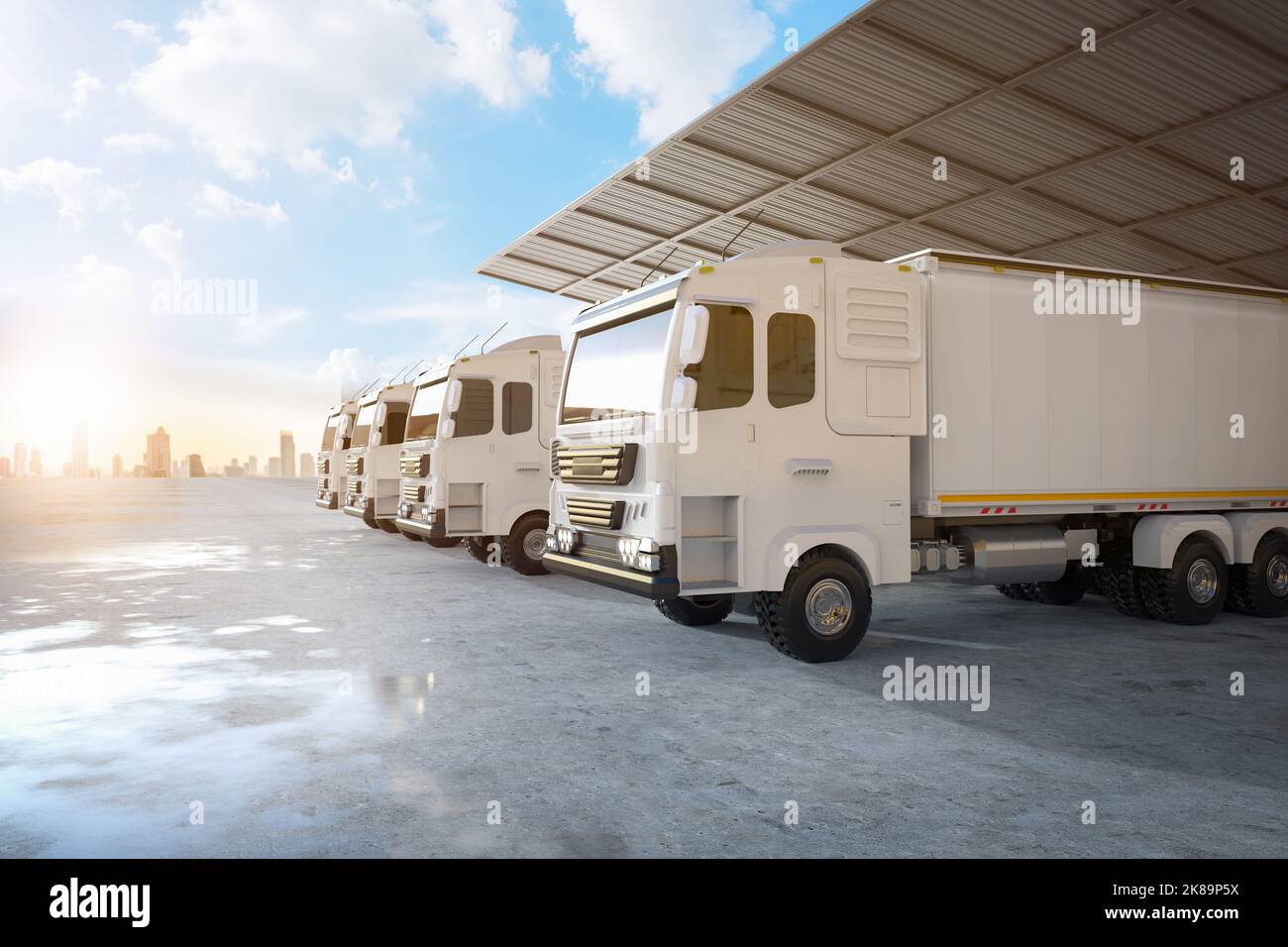 3d rendering group of logistic trailer trucks or lorries at warehouse ...