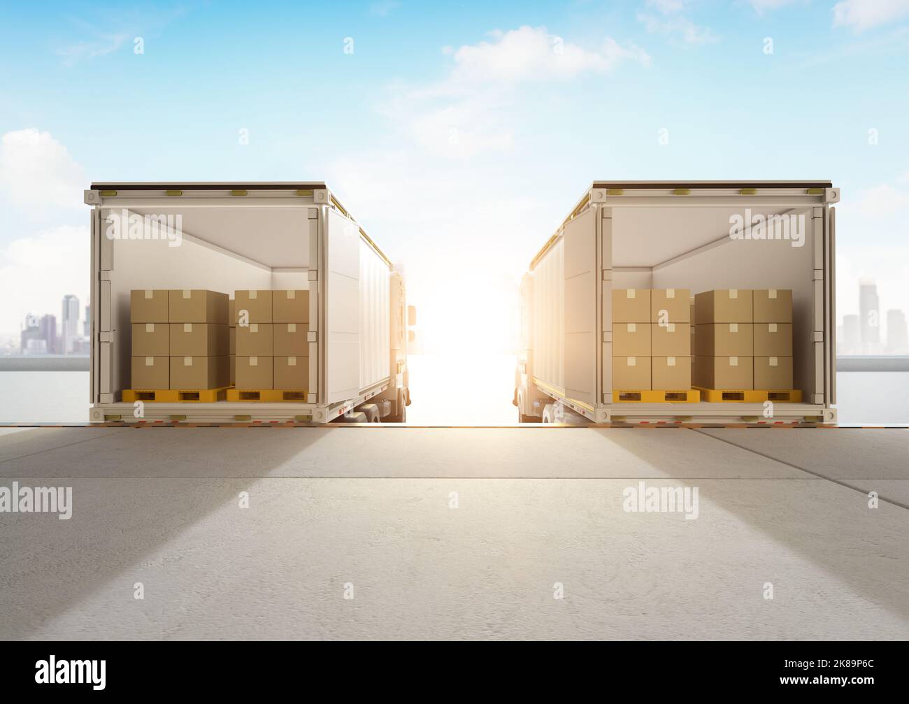 3d rendering logistic trailer truck or lorry fully loading cardboard ...