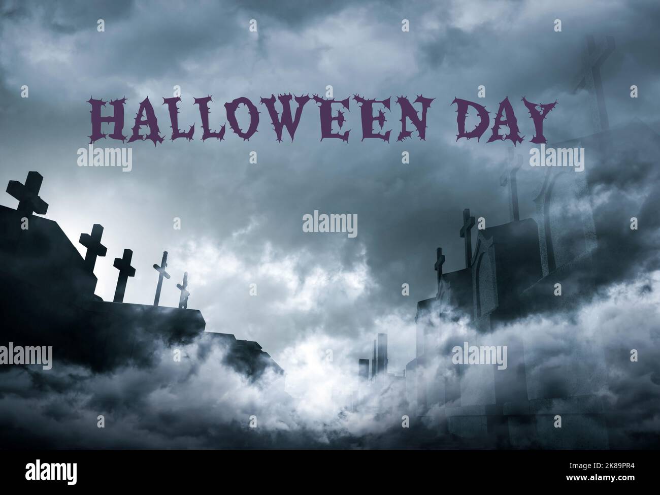 Halloween day concept. Cemetery or graveyard in the night with dark sky ...