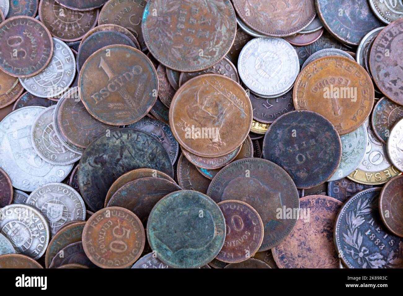 Collection of old coins from Portugal. obsolete coins. metal money ...