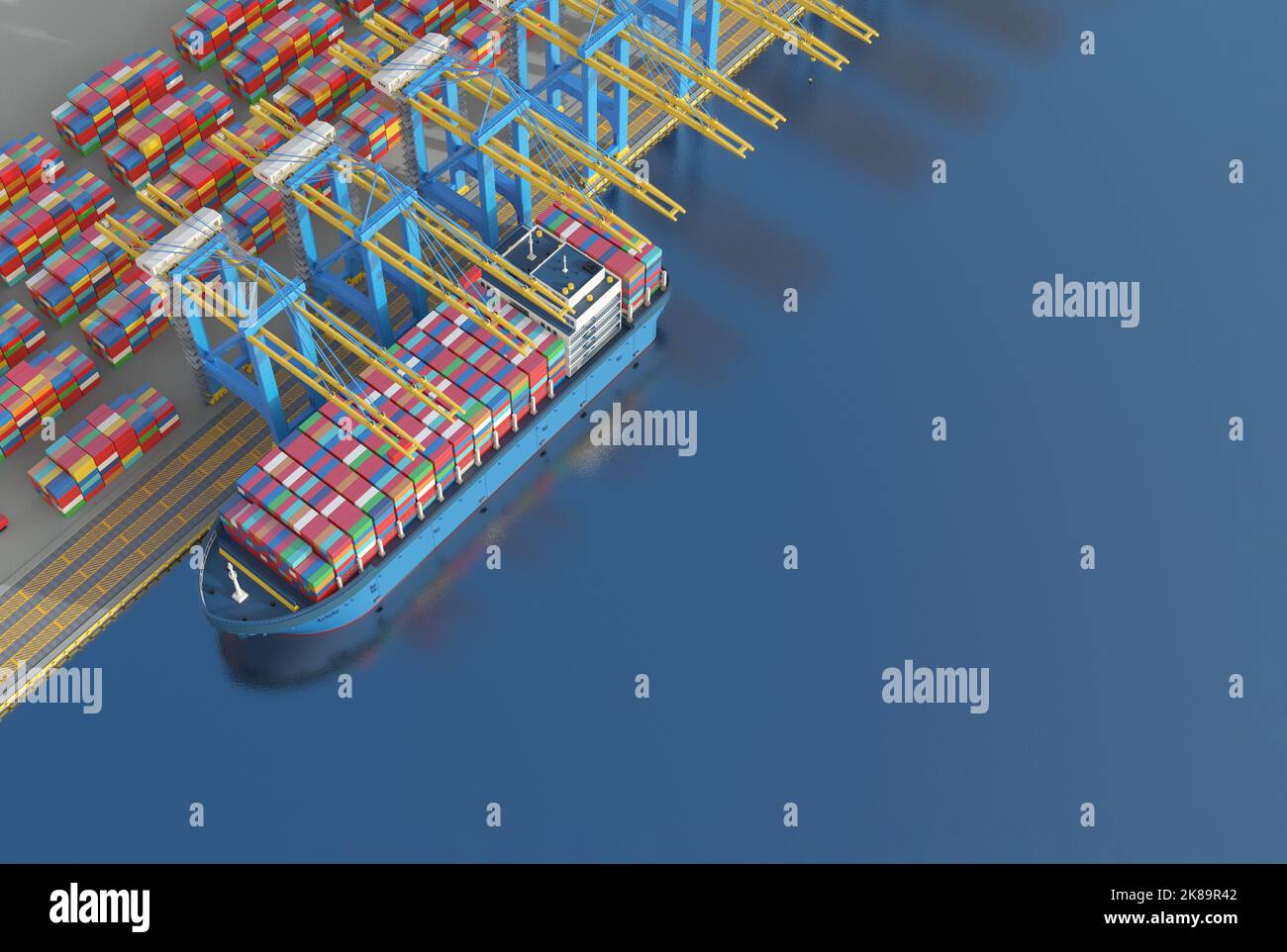 3d rendering cargo ship or vessel with containers at terminal port ...