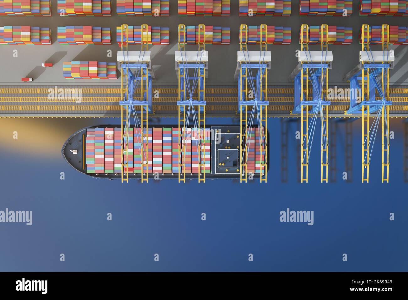 3d rendering cargo ship or vessel with containers at terminal port ...