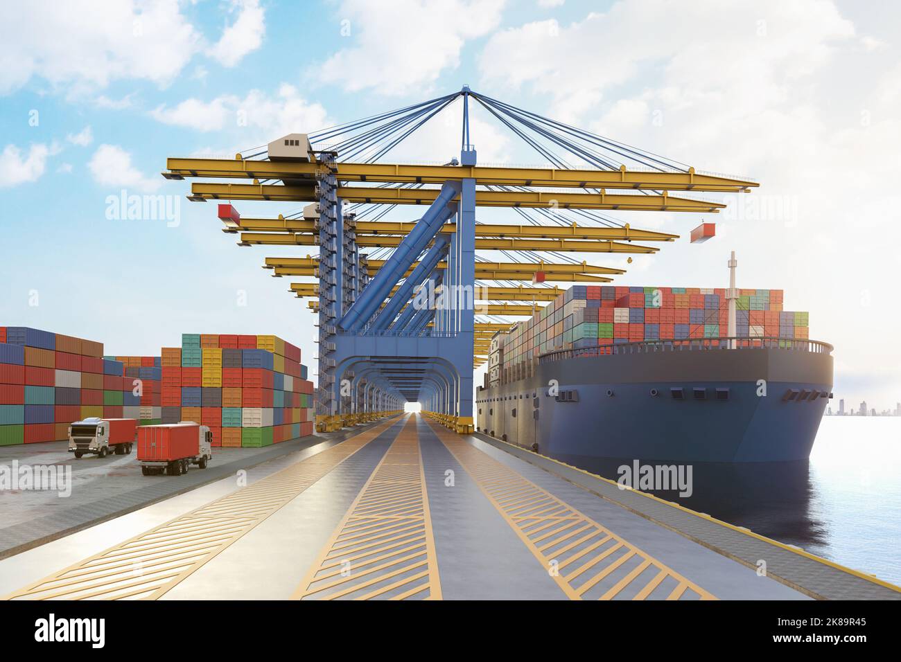 3d rendering cargo ship or vessel with containers at terminal port ...