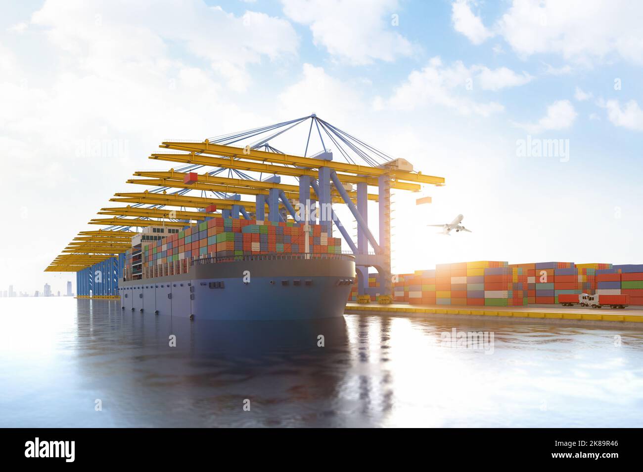 3d rendering cargo ship or vessel with containers at terminal port ...