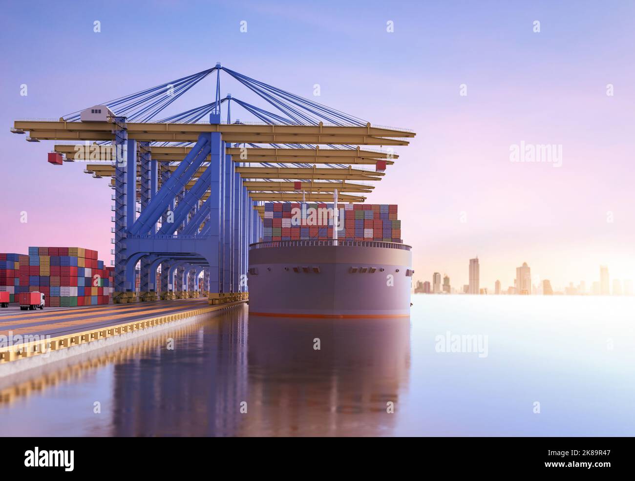 3d rendering cargo ship or vessel with containers at terminal port ...