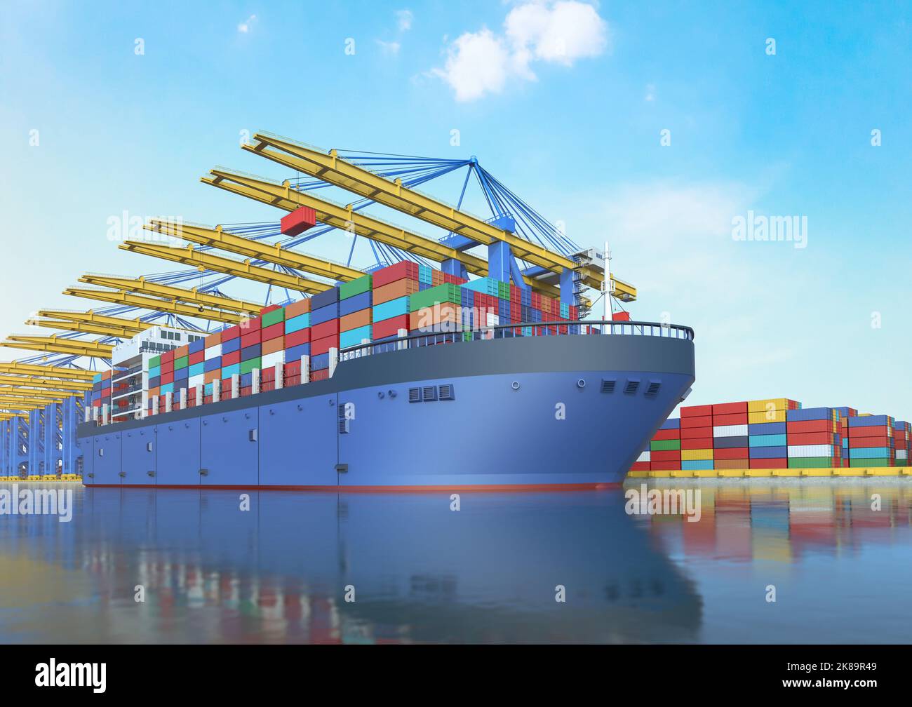 3d rendering cargo ship or vessel with containers at terminal port ...