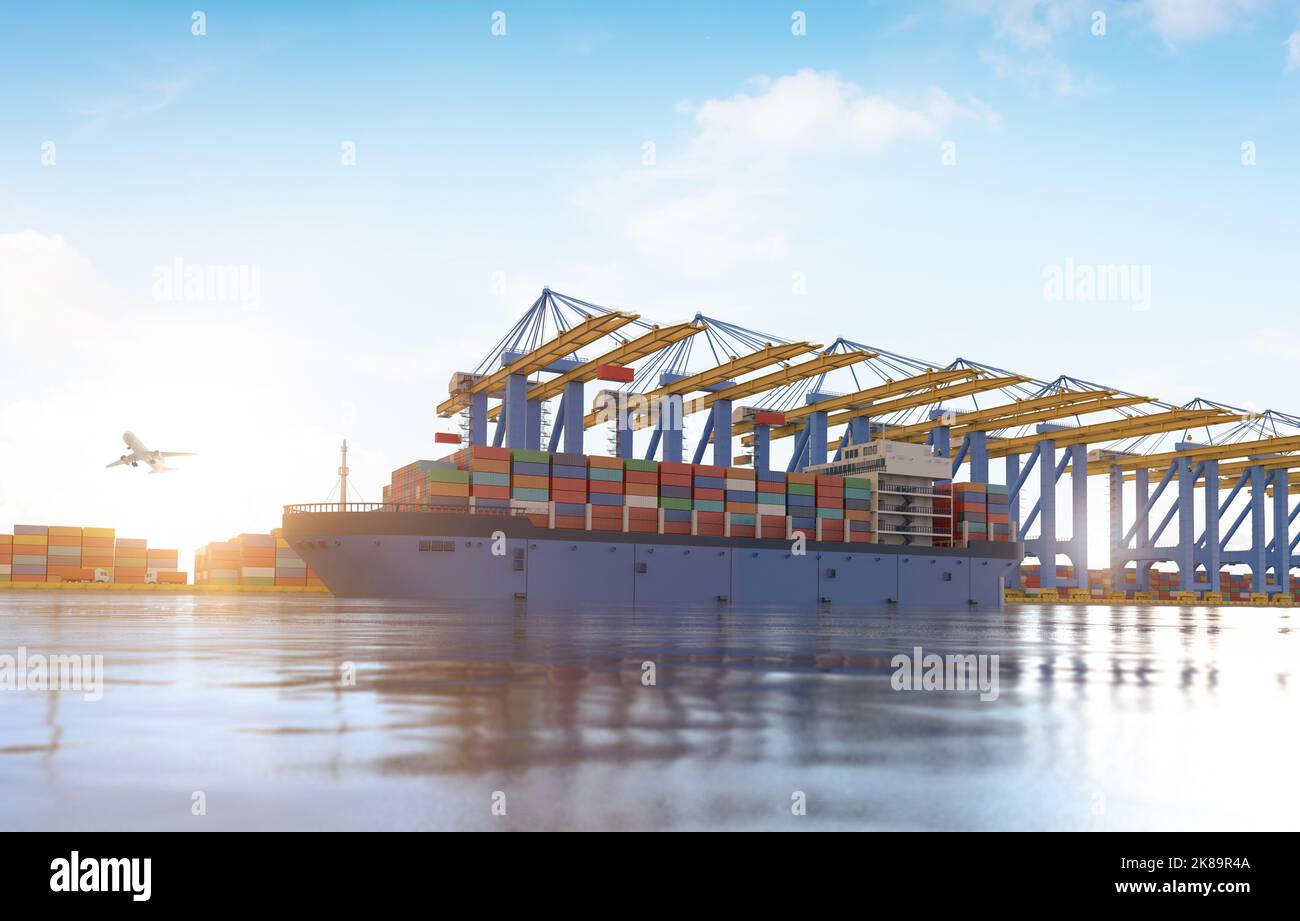 3d rendering cargo ship or vessel with containers at terminal port ...
