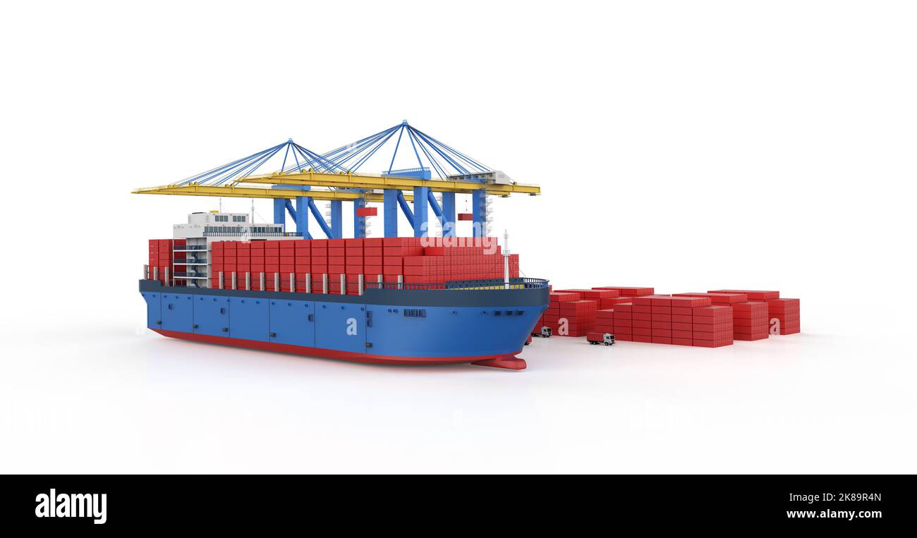 3d rendering logistic business with cargo ship and truck at terminal ...