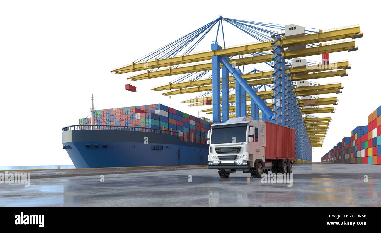 3d rendering logistic business with cargo ship and truck at terminal ...