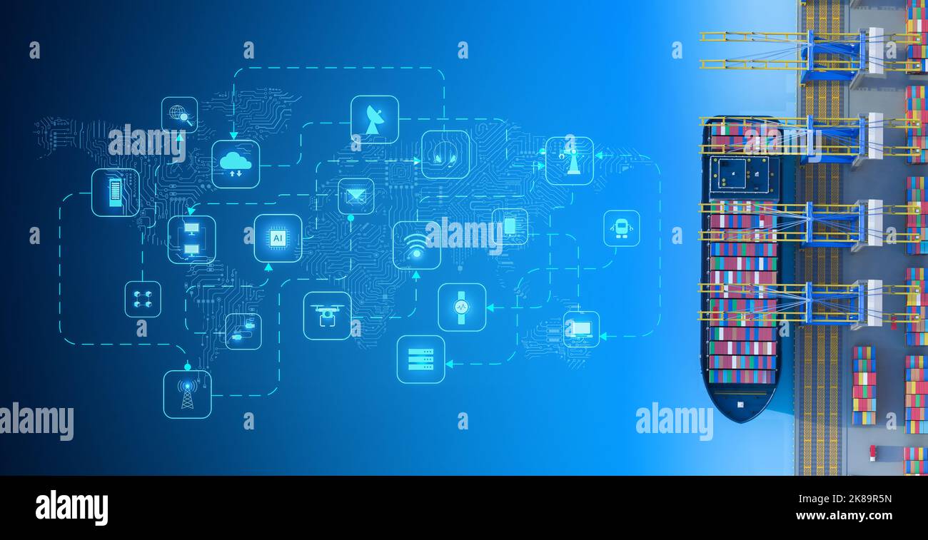 3d rendering cargo ship or vessel with graphic display for logistic ...