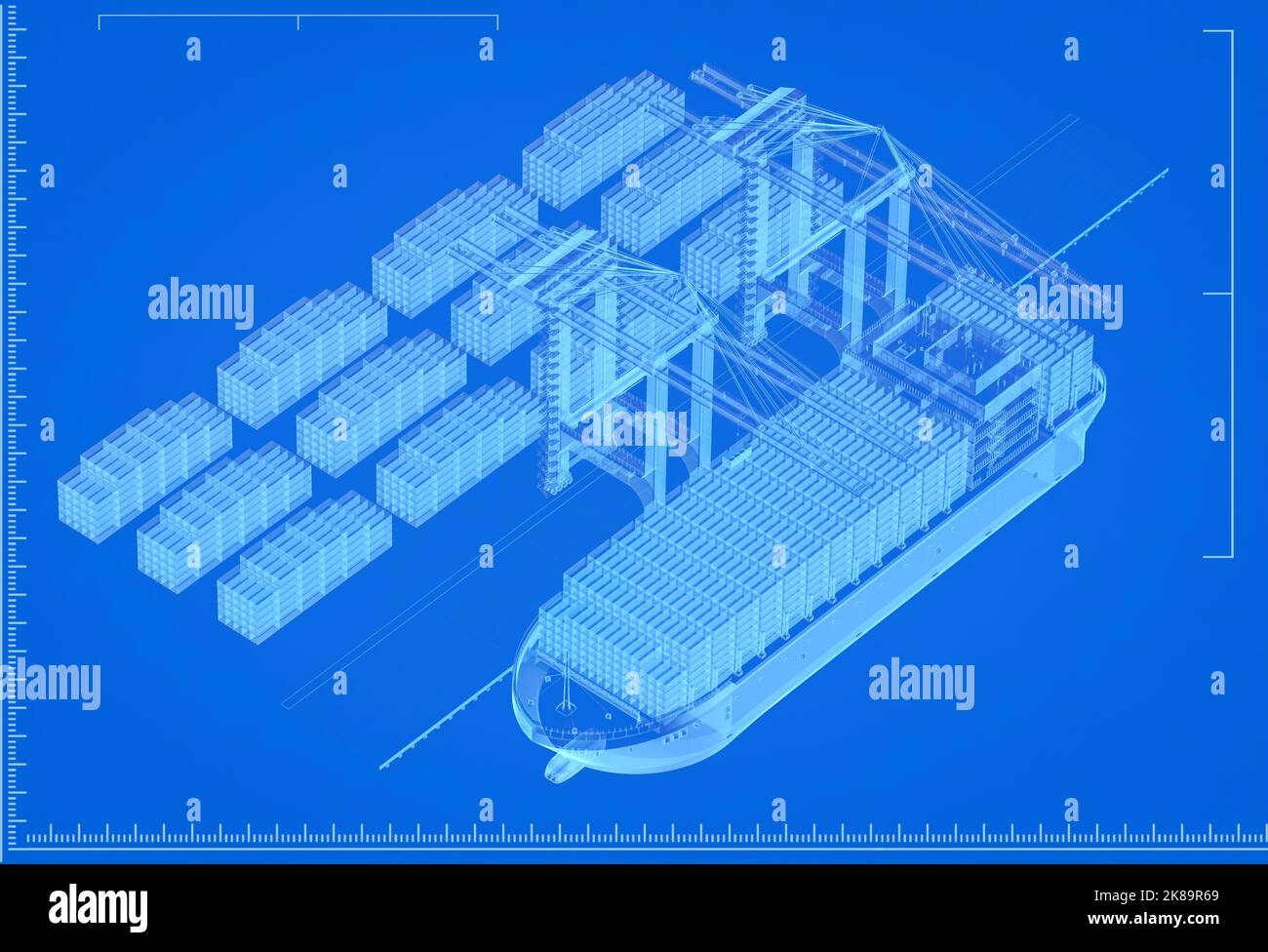 3d rendering blueprint of cargo ship or vessel with containers at ...