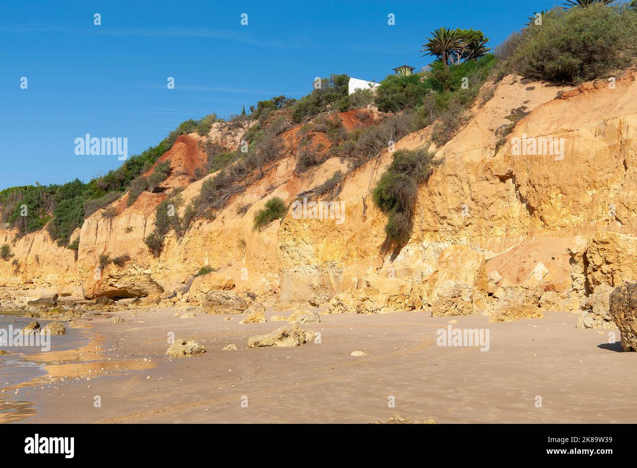 Maria Luisa beach with rock formation in Albufeira, Algarve, Portugal ...