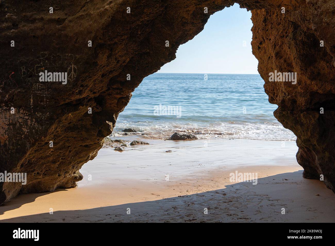 Maria Luisa beach with rock formation in Albufeira, Algarve, Portugal ...