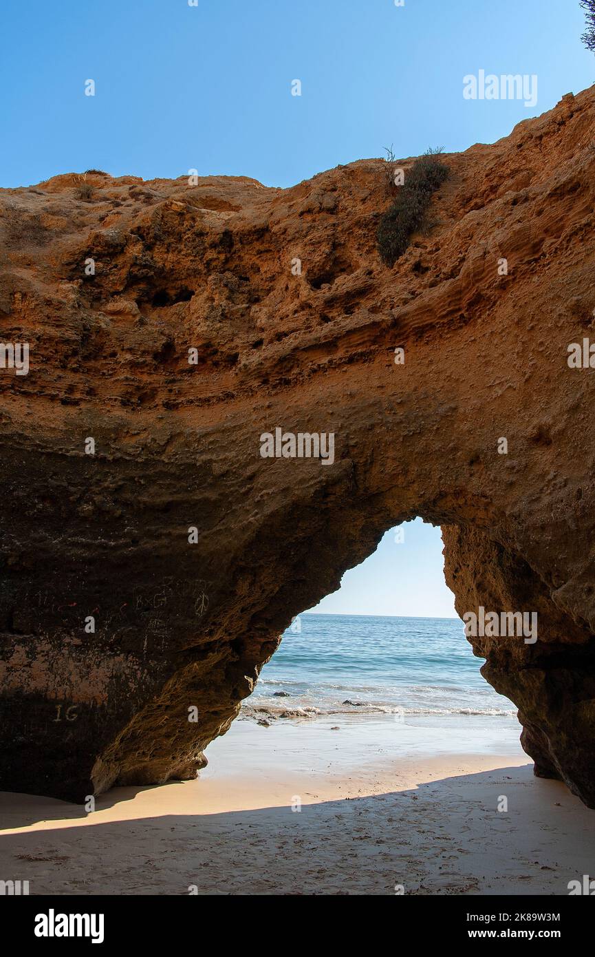 Maria Luisa beach with rock formation in Albufeira, Algarve, Portugal ...