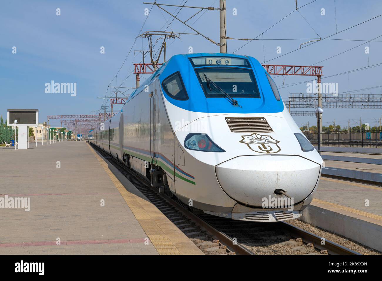 KAGAN, UZBEKISTAN - SEPTEMBER 11, 2022: Front view of high-speed train ...
