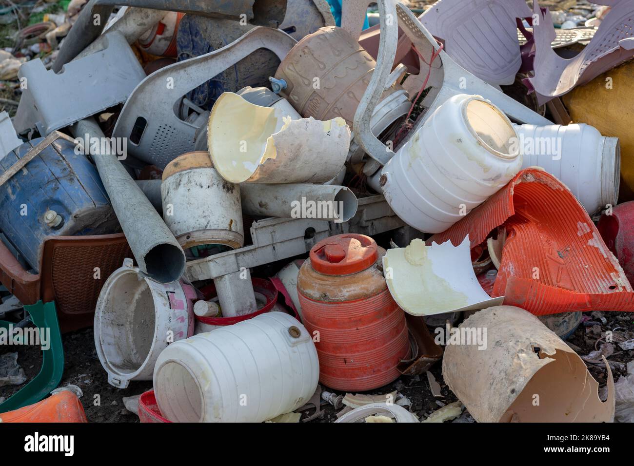 Plastic garbage dumping or landfill site or pollution concept Stock ...
