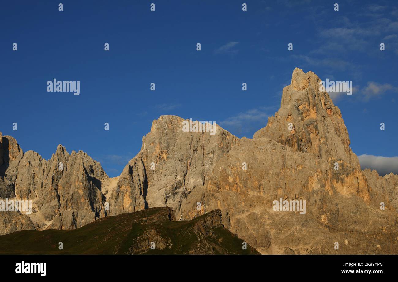 Panorama of the Dolomites in the Italian Alps and the typical orange ...