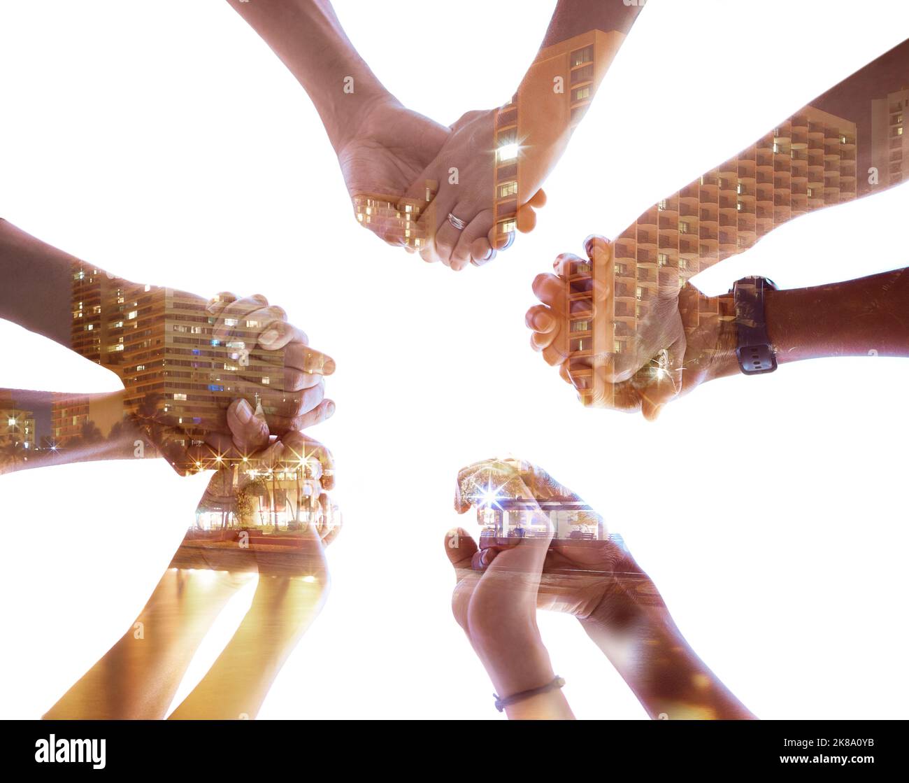 Hands, teamwork and digital overlay with a man and woman group standing ...