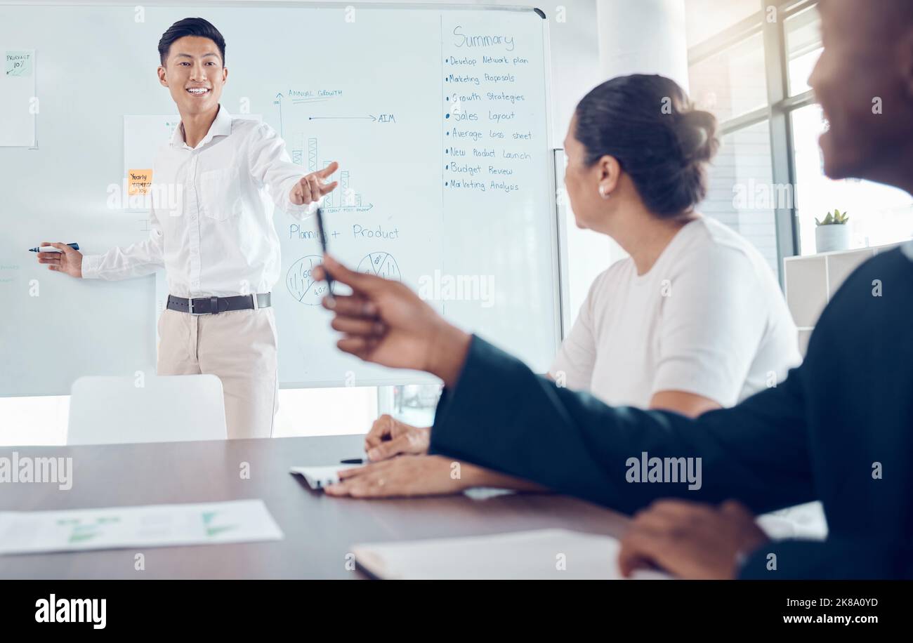 Brainstorming, team and business people, meeting and planning business strategy, whiteboard and ...