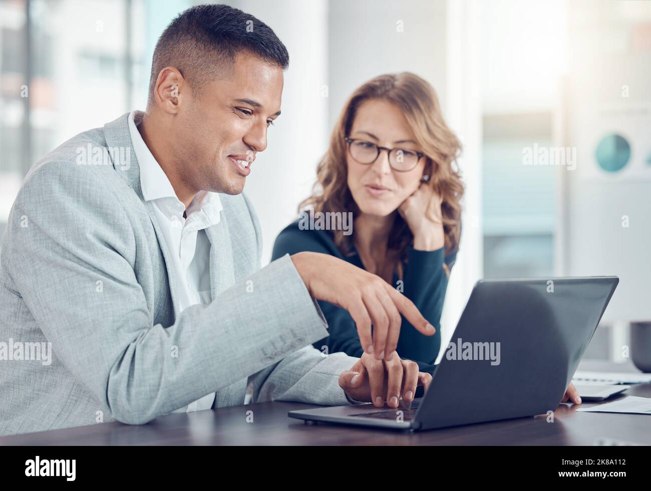 Laptop, communication and employees planning, working and meeting with ...