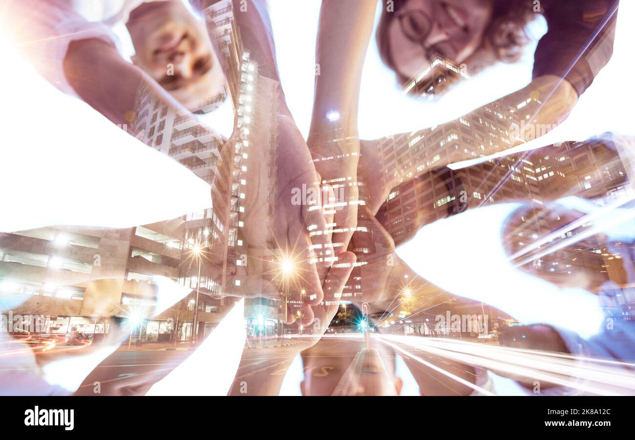 Hands, collaboration and city with digital overlay and business team in ...