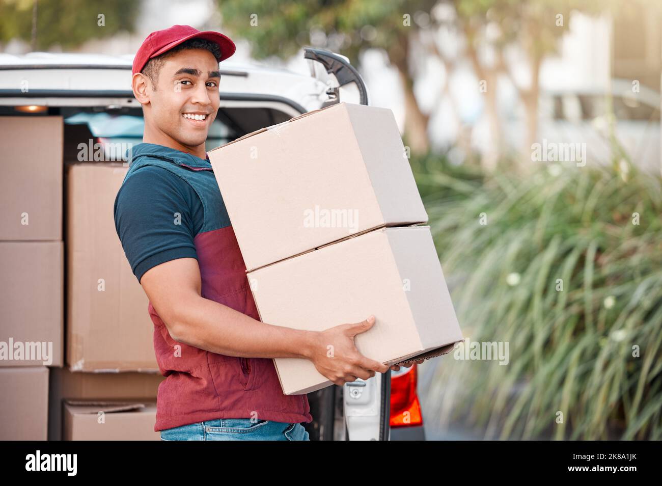 Delivery man, box and courier service with package, shipment or parcel ...