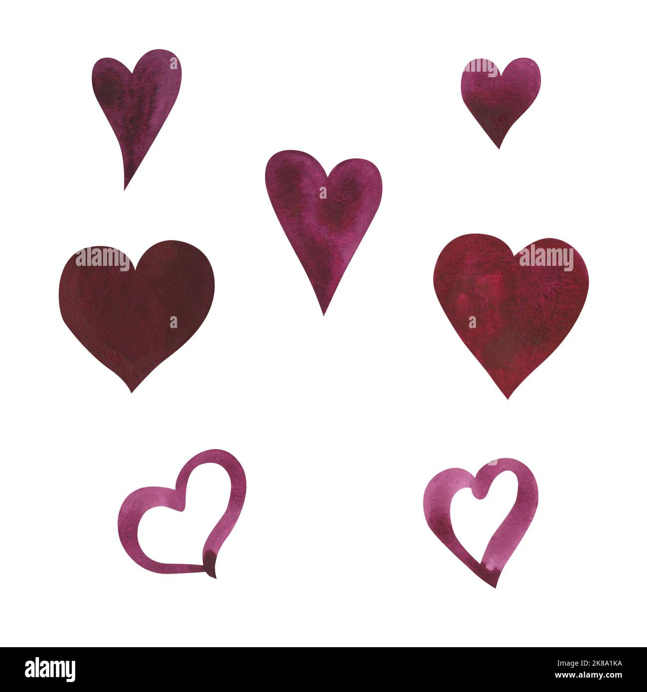 Watercolor set heart shape red and pink color texture on white ...