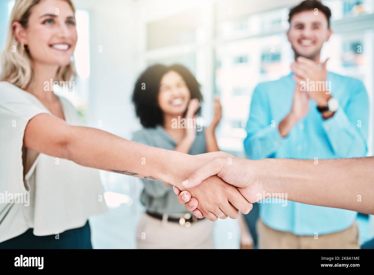 Business people, handshake and clapping for b2b partnership in success ...