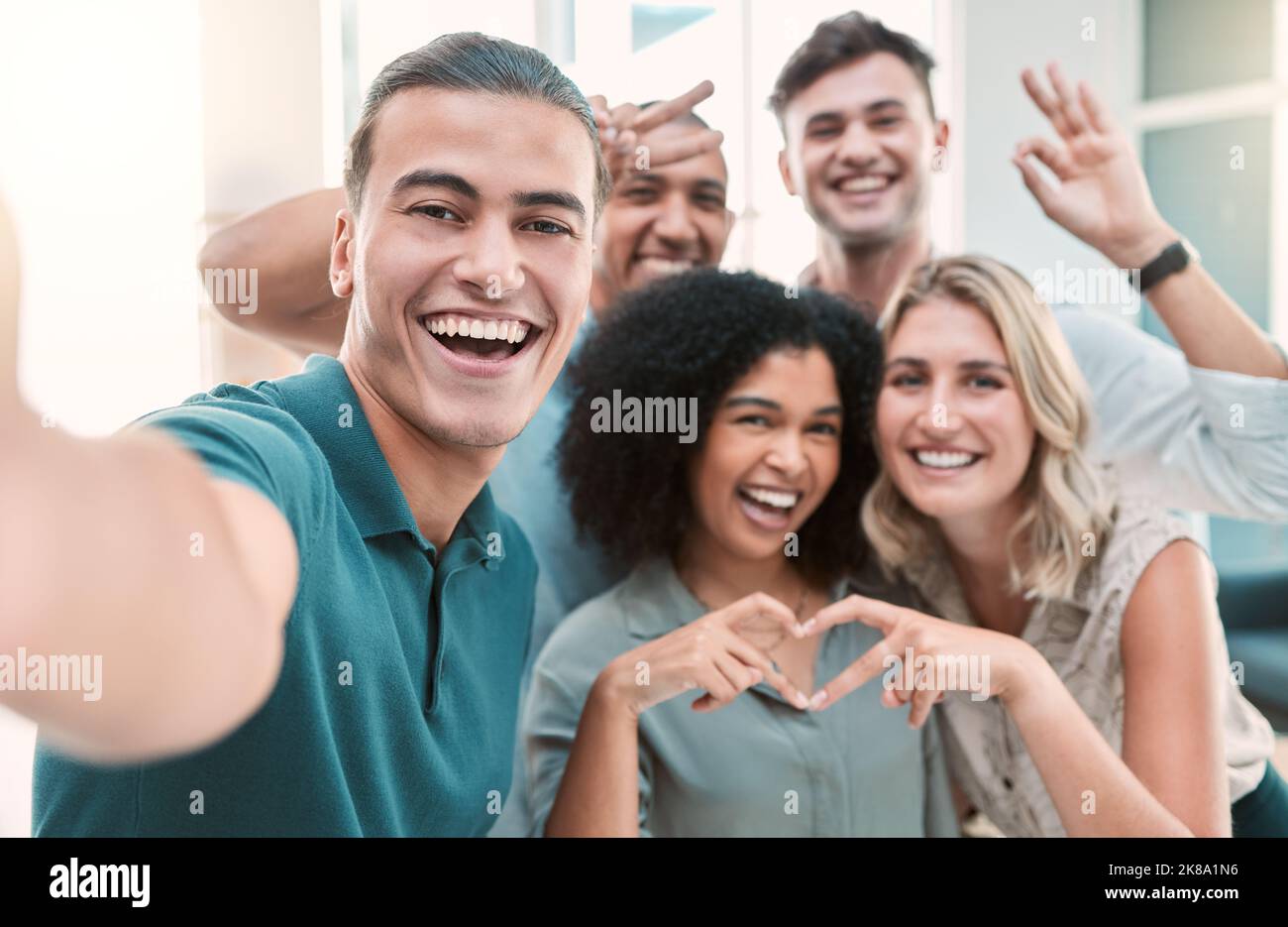 Happy, selfie and corporate team bonding in office at a meeting or team ...