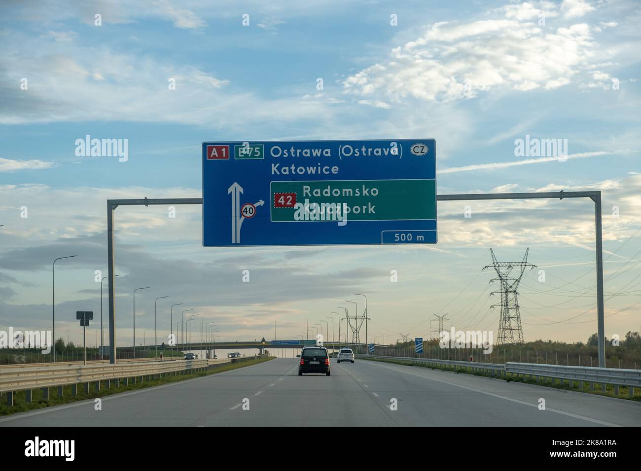 POLAND OCTOBER 16, 2022: Road sign along A1 highway in Poland Stock ...