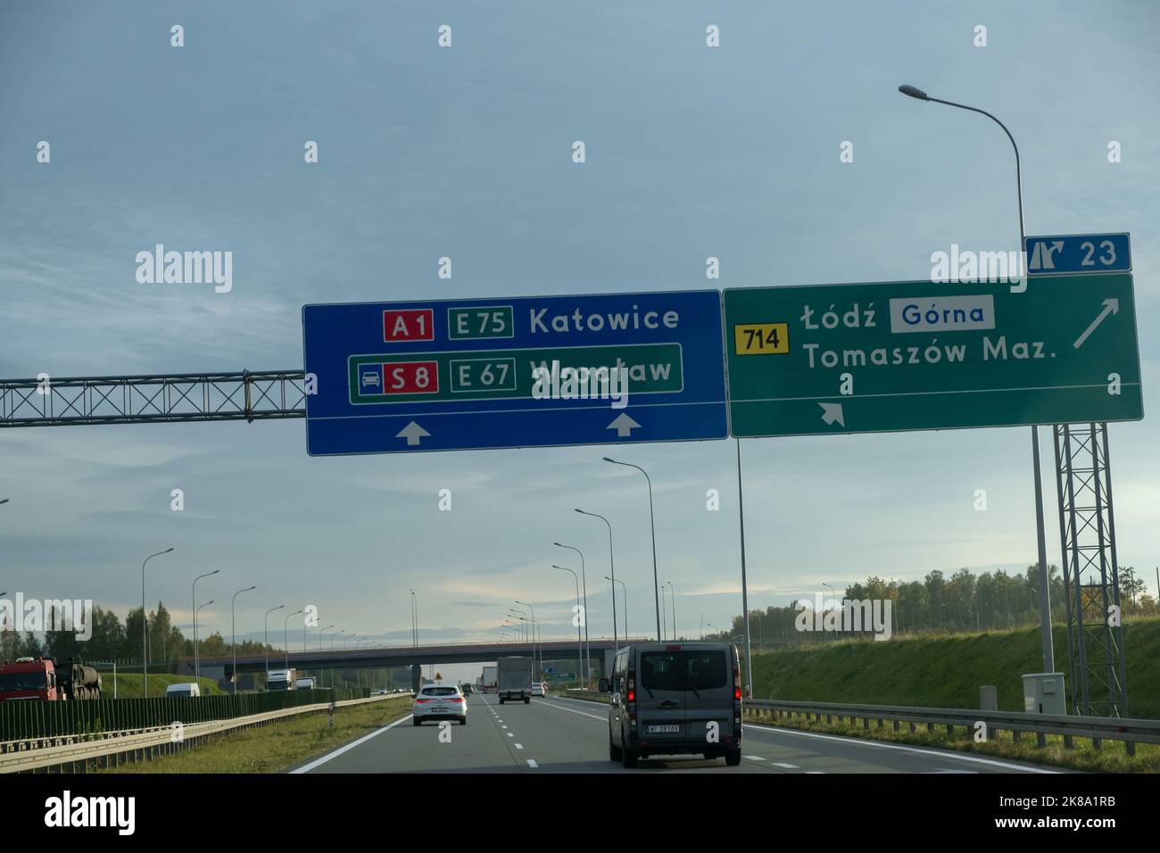 POLAND OCTOBER 16, 2022: Road sign along A1 highway in Poland Stock ...