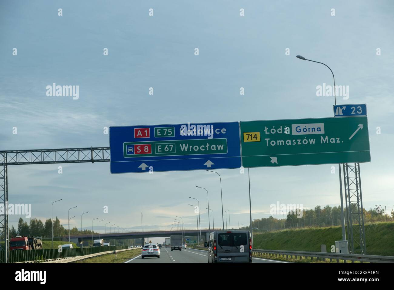 POLAND OCTOBER 16, 2022: Road sign along A1 highway in Poland Stock ...