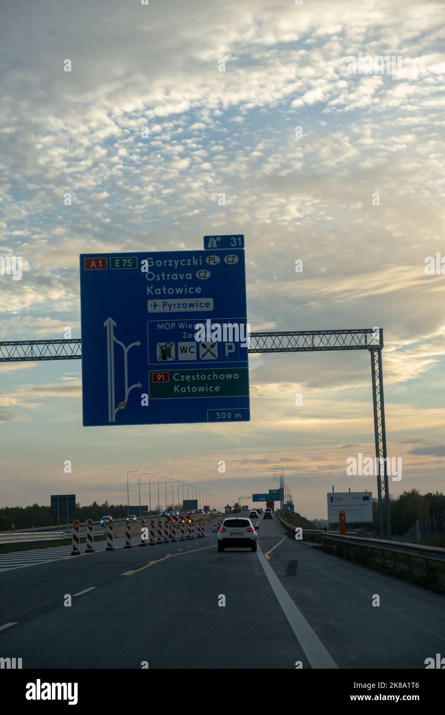 POLAND OCTOBER 16, 2022: Road sign along A1 highway in Poland Stock ...
