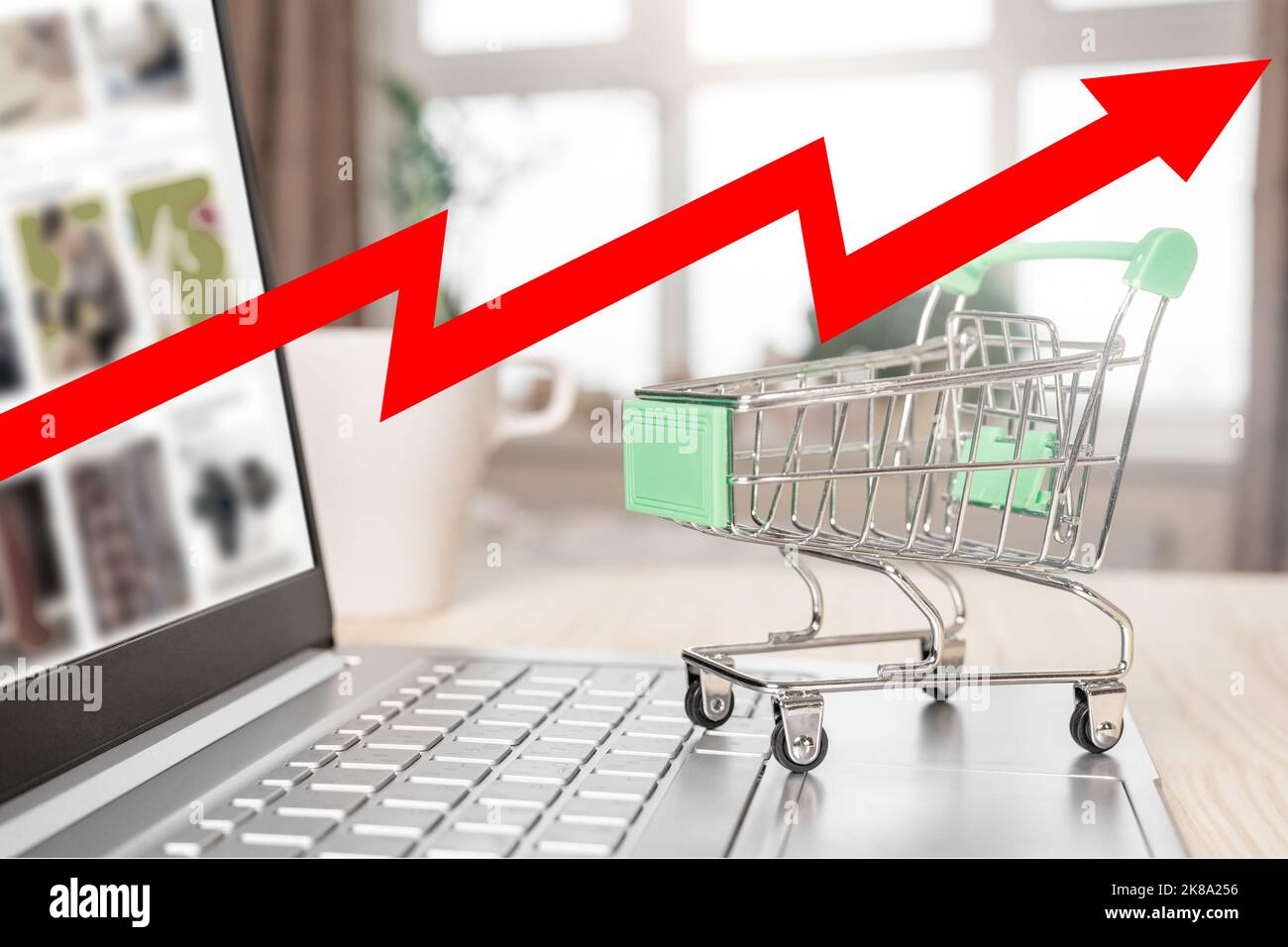 Inflation and economic crisis. Red arrow on chart, shopping cart and ...