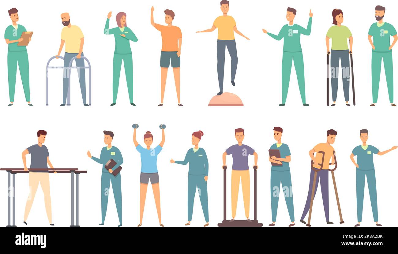 Physical therapist icons set cartoon vector. Disability assitance. Care ...