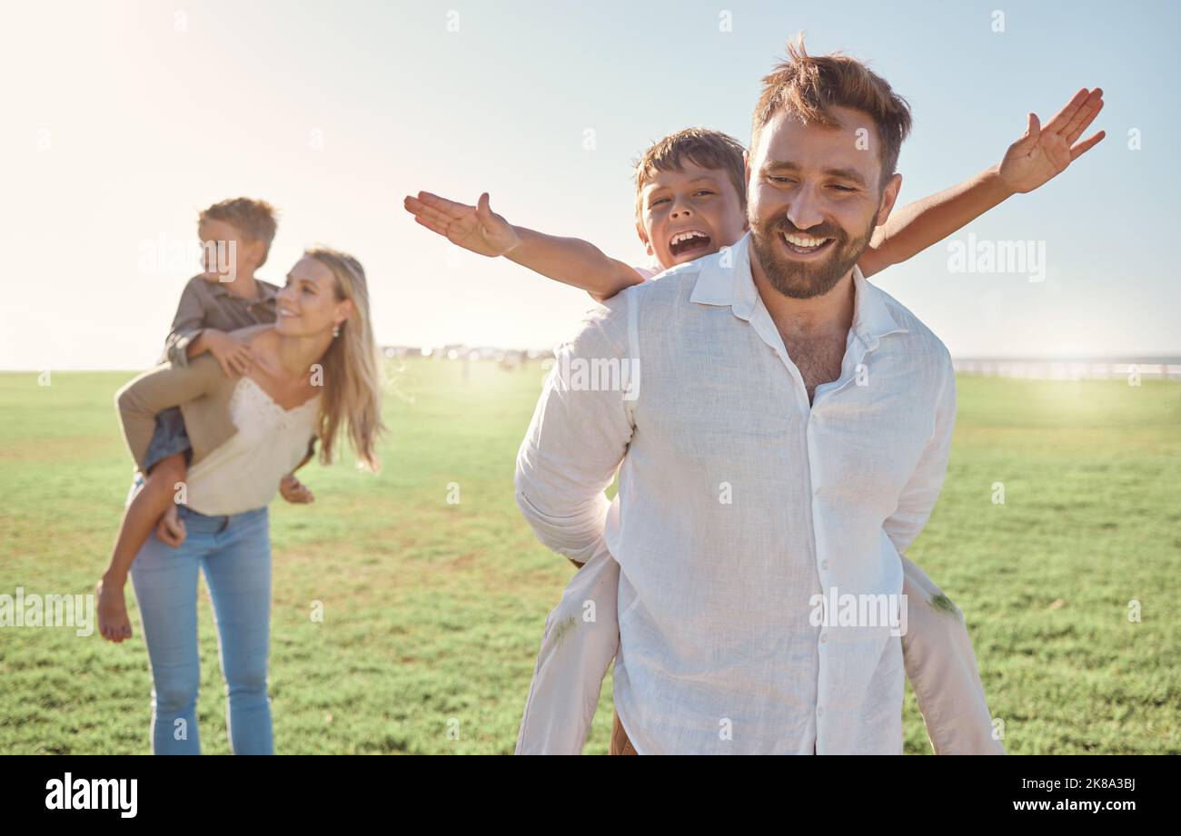 Family, children and piggyback with parents carrying kids outdoor on a ...