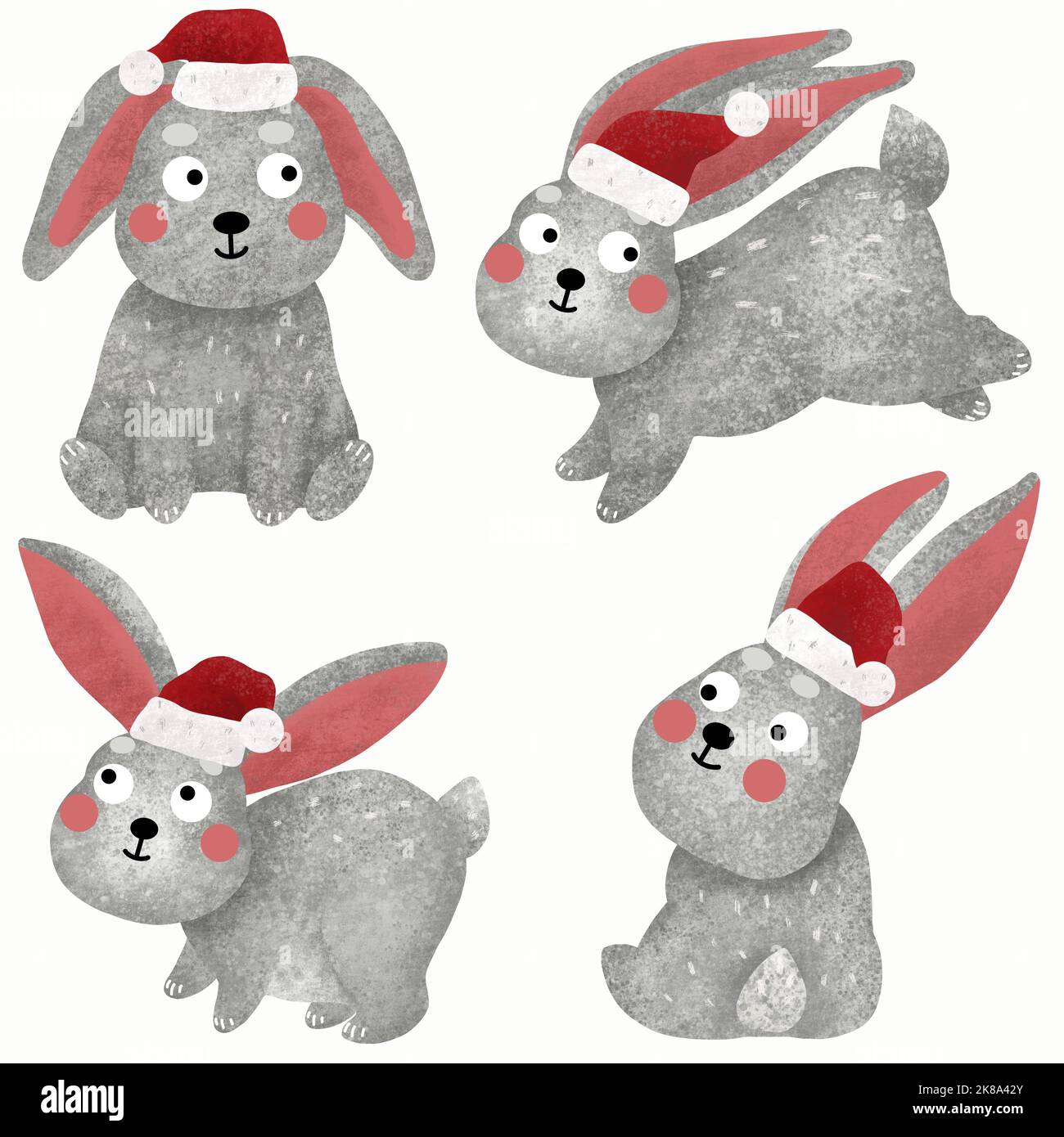 Set of cute cartoon Christmas rabbits on white background. Cheerful ...