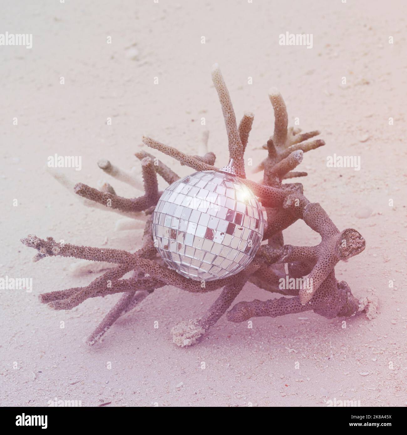 disco ball on sand background with corals. party, disco concept ...