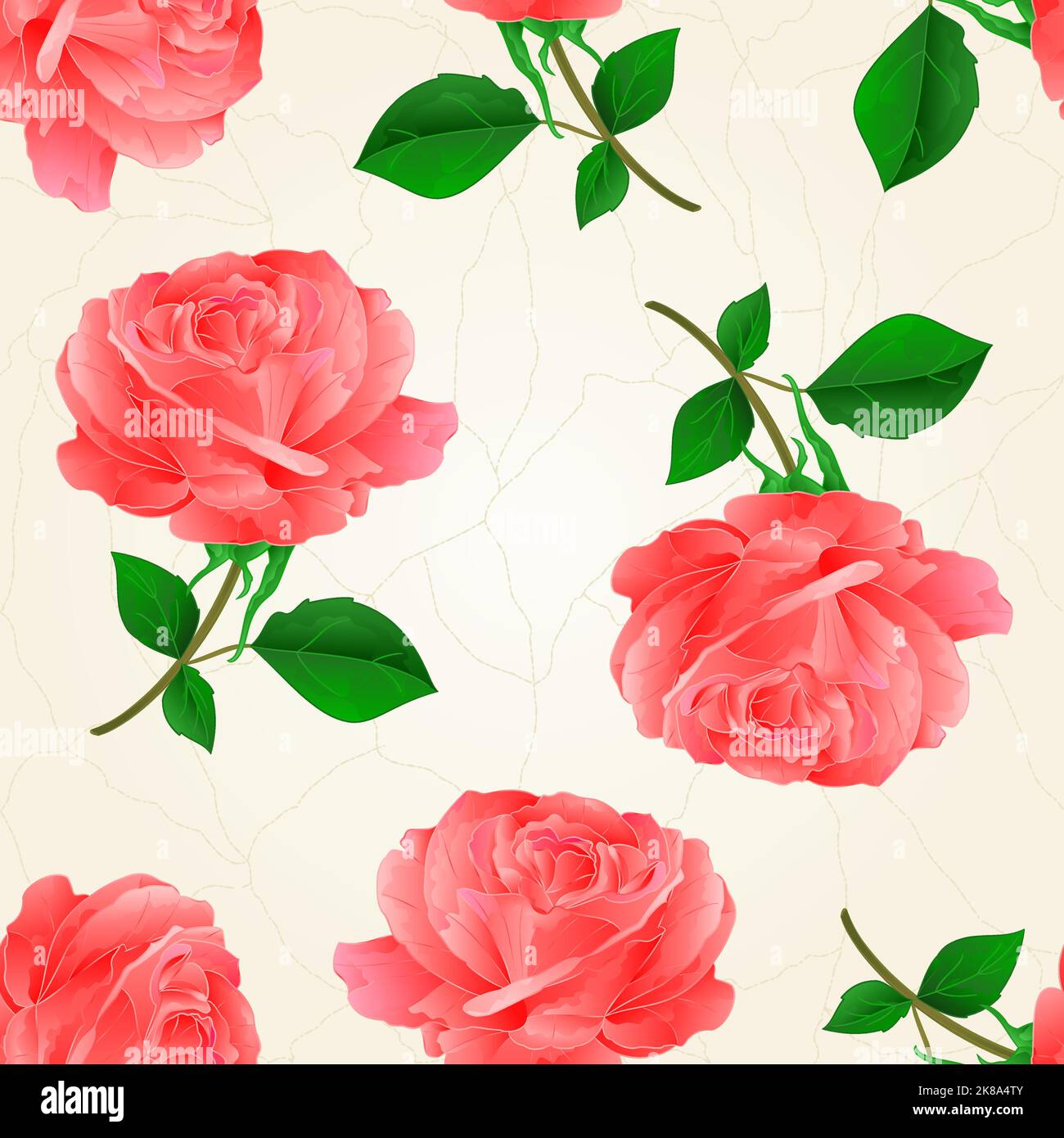 Seamless texture flower pink rose twig with leaves crack vintage hand ...