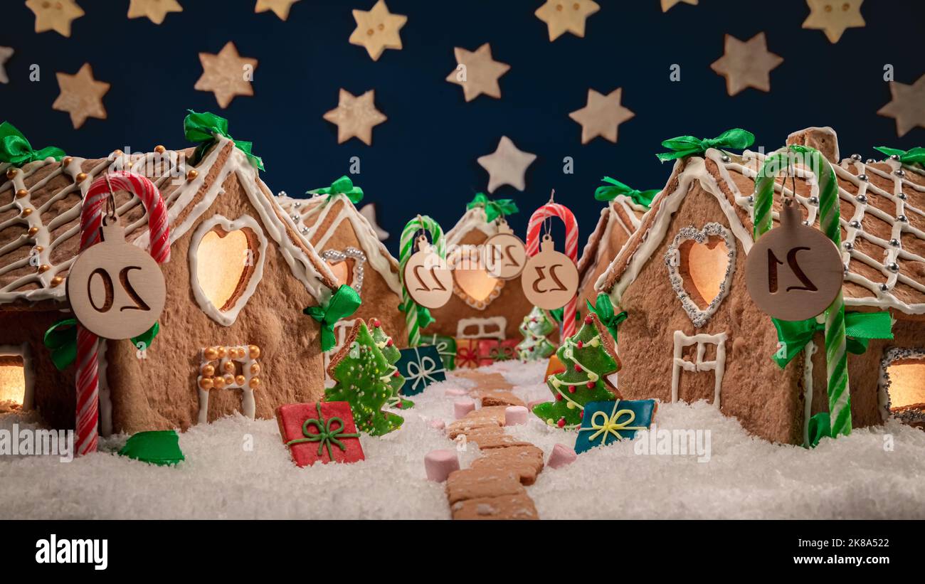 Sweet and adorable Christmas gingerbread village at night with stars ...