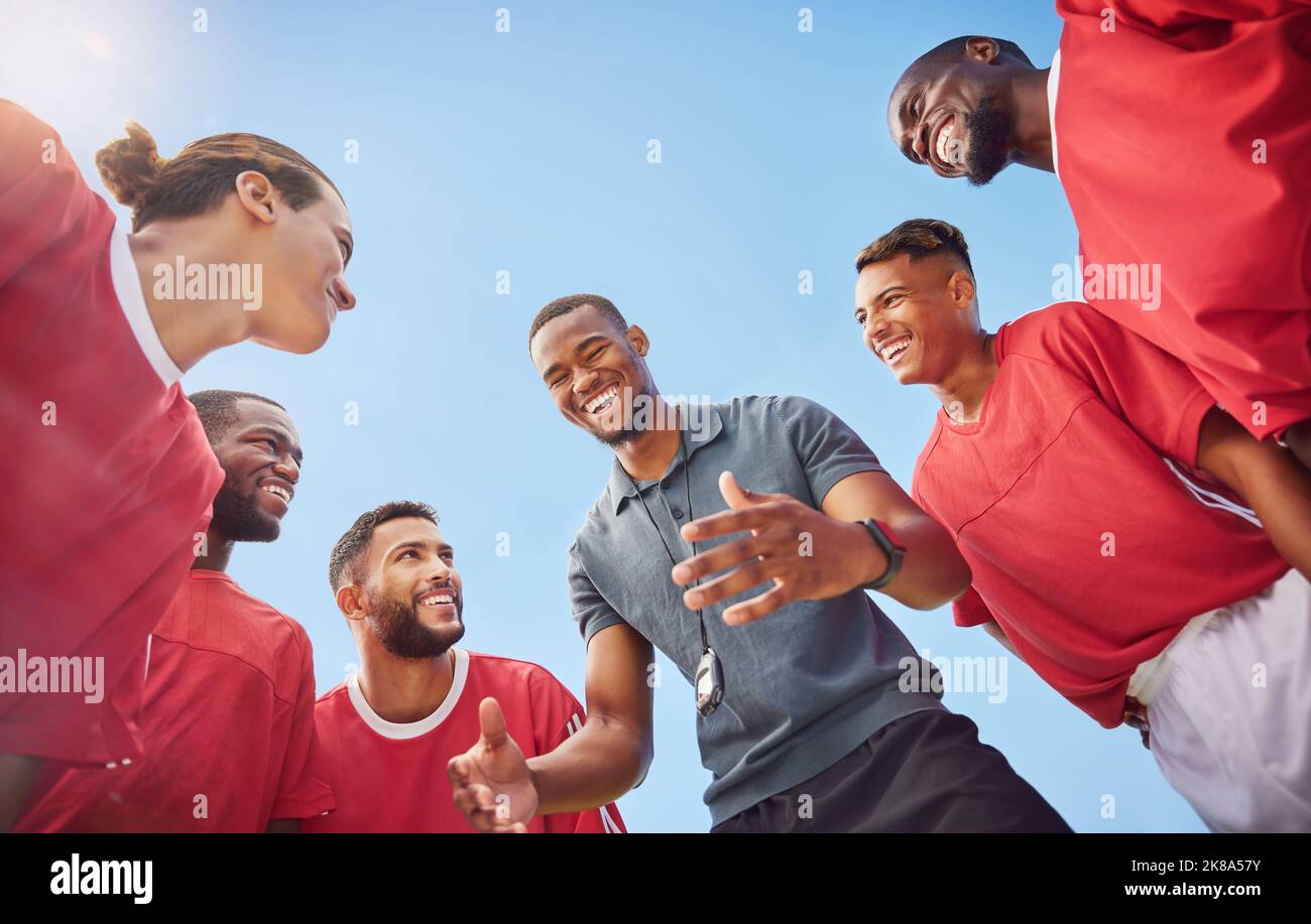 Soccer, coach and men team in sport, strategy and plan to players ...