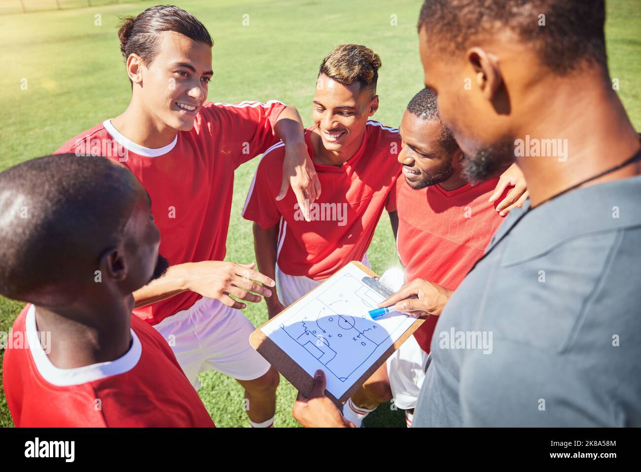 Soccer, team and coaching with strategy, paper and formation with ...