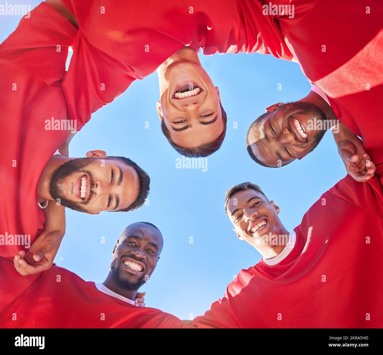 Team, soccer and men huddle portrait excited for match day with ...
