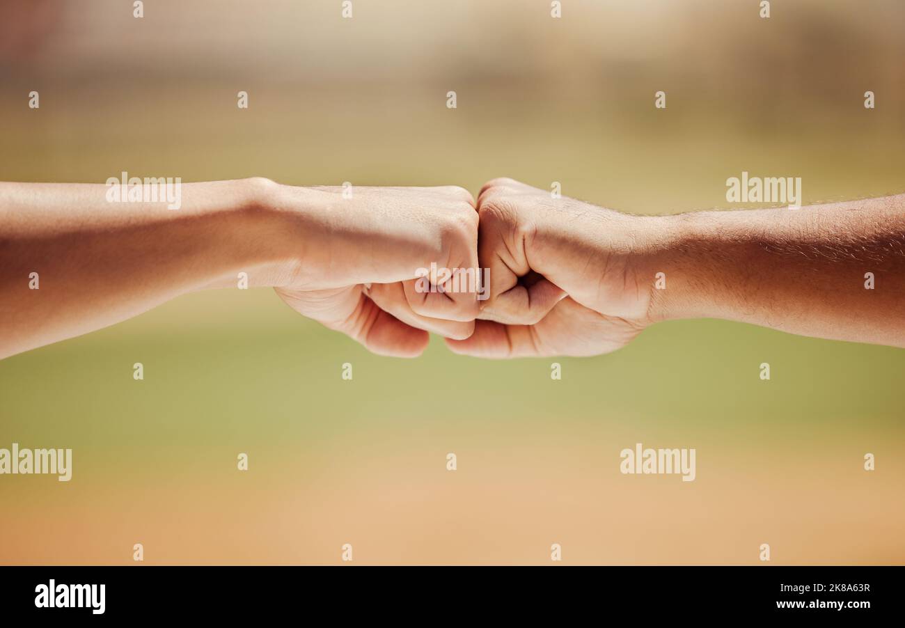 Success, support and hands giving fist bump for motivation, celebration ...